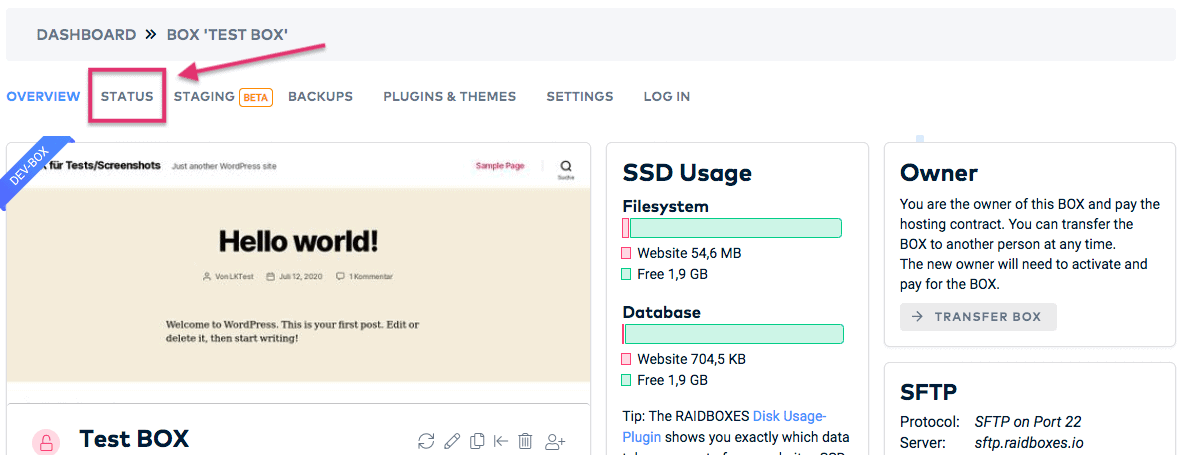 Website status monitoring with the BOX Status " Raidboxes
